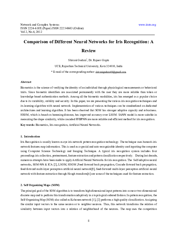 (PDF) Comparison of Different Neural Networks for Iris Recognition: A Review | Ravindra ...