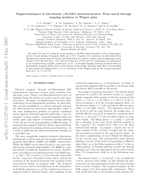(PDF) Magnetotransport in low-density p-Si∕SiGe heterostructures: From ...