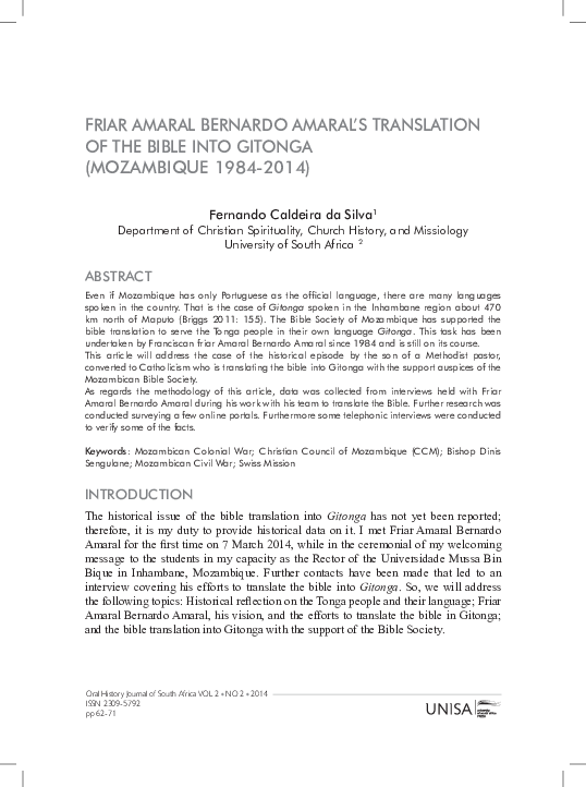 (PDF) Friar Amaral Bernardo Amaral’s translation of the Bible into Gitonga (Mozambique 1984-2014)