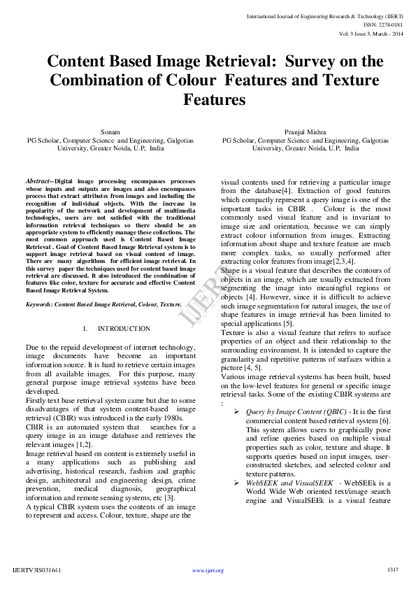 (PDF) Content Based Image Retrieval: Survey on the Combination of Colour Features and Texture ...
