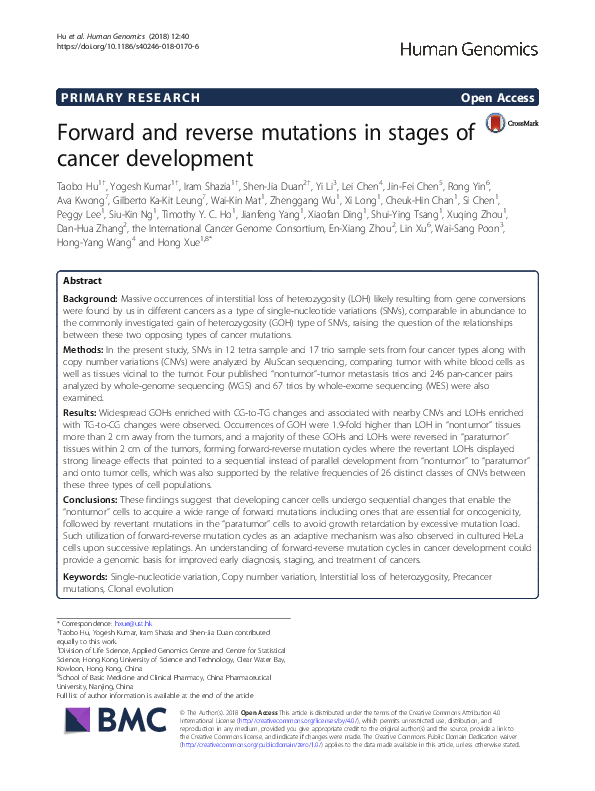 (PDF) Forward and reverse mutations in stages of cancer development