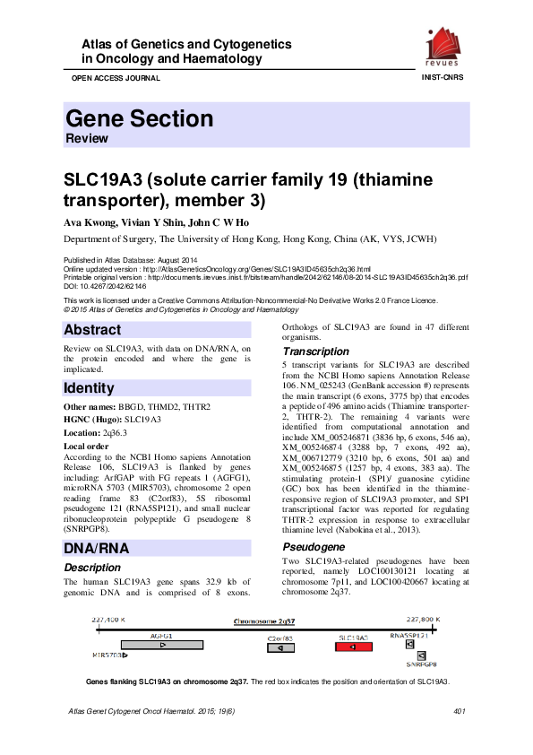 (PDF) SLC19A3 (solute carrier family 19 (thiamine transporter), member 3)
