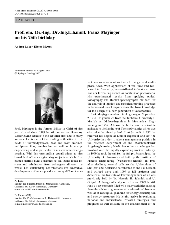 (PDF) Prof. em. Dr.-Ing. Dr.-Ing.E.h.mult. Franz Mayinger on his 75th ...