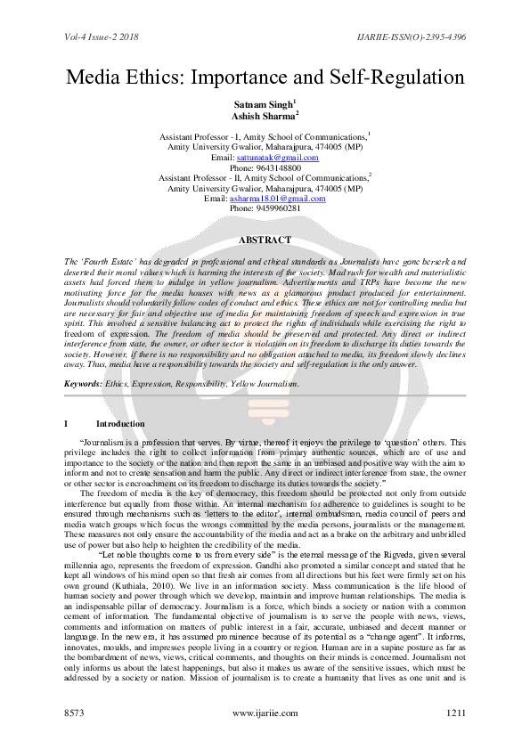(PDF) Media Ethics: Importance and Self-Regulation