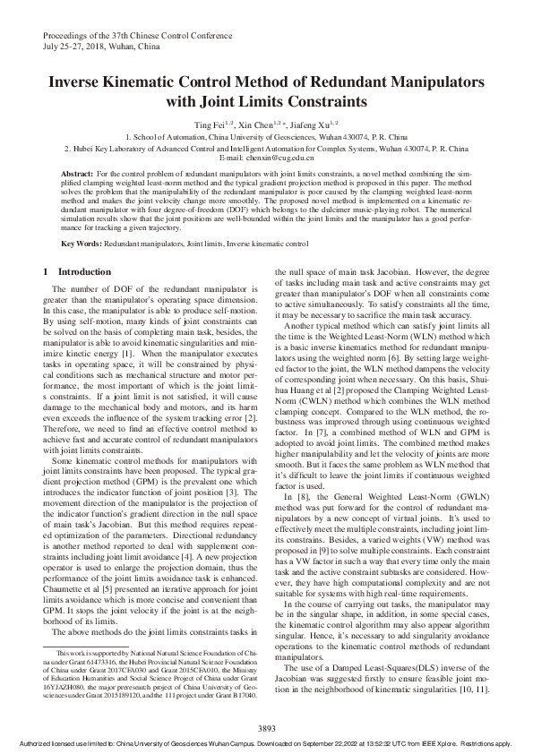 (PDF) Inverse Kinematic Control Method of Redundant Manipulators with Joint Limits Constraints ...