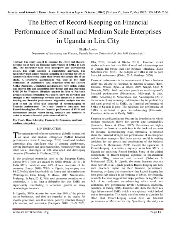 (PDF) The Effect of Record-Keeping on Financial Performance of Small and Medium Scale ...