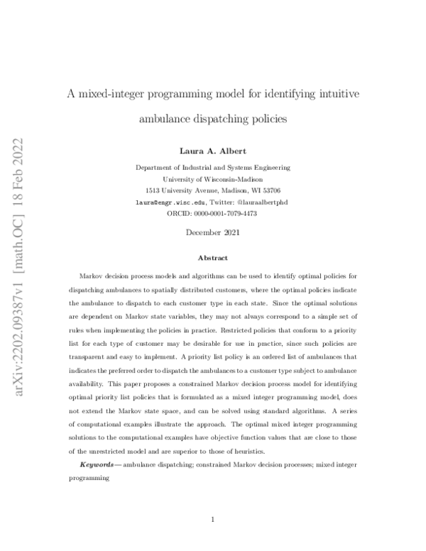 (PDF) Optimal Ambulance Dispatch Policies via Mixed-Integer Programming