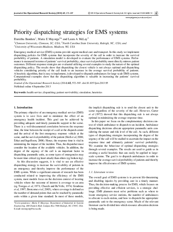 (PDF) Priority dispatching strategies for EMS systems | Laura A Albert - Academia.edu