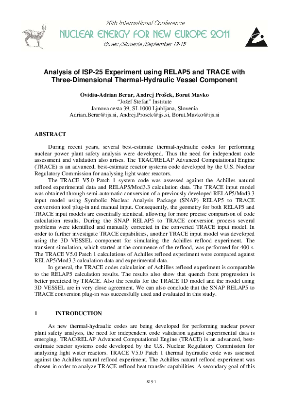 (PDF) Analysis of ISP-25 Experiment using RELAP5 and TRACE with Three-Dimensional Thermal ...