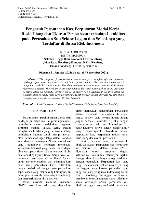 (PDF) Pengaruh Perputaran Kas, Perputaran Modal Kerja, Rasio Utang, dan ...