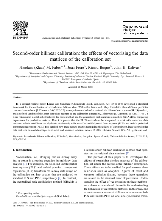 (PDF) Second-order bilinear calibration: the effects of vectorising the data matrices of the ...