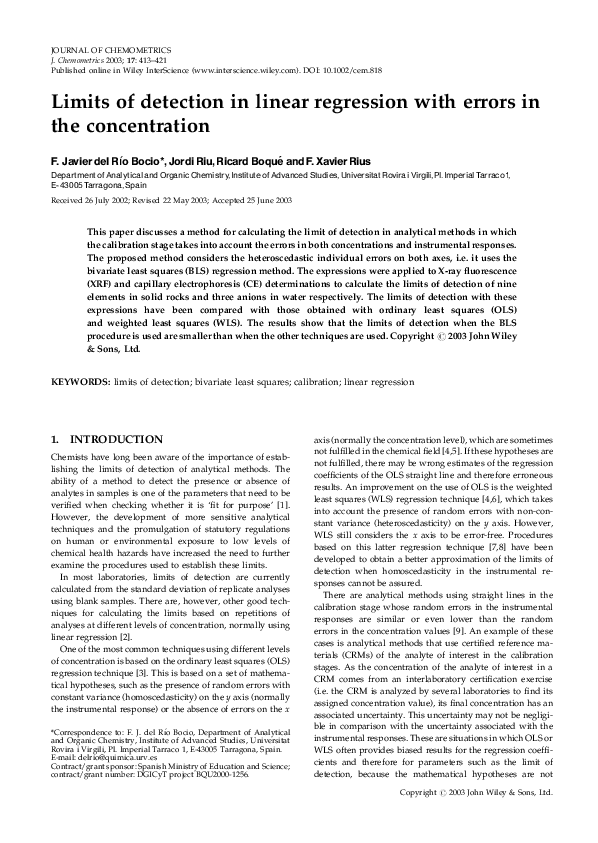 Pdf Limits Of Detection In Linear Regression With Errors In The