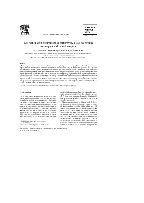 (PDF) Estimation of measurement uncertainty by using regression techniques and spiked samples
