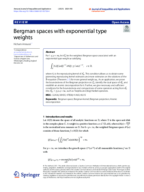 Pdf Bergman Spaces With Exponential Type Weights