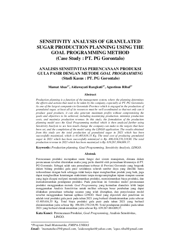 (PDF) SENSITIVITY ANALYSIS OF GRANULATED SUGAR PRODUCTION PLANNING USING THE GOAL PROGRAMMING ...