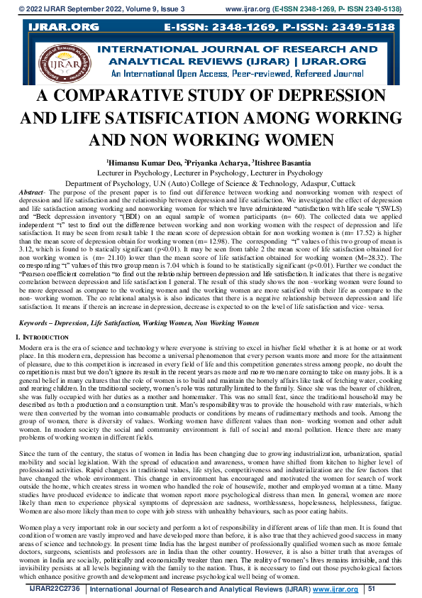 (PDF) A COMPARATIVE STUDY OF DEPRESSION AND LIFE SATISFICATION AMONG ...