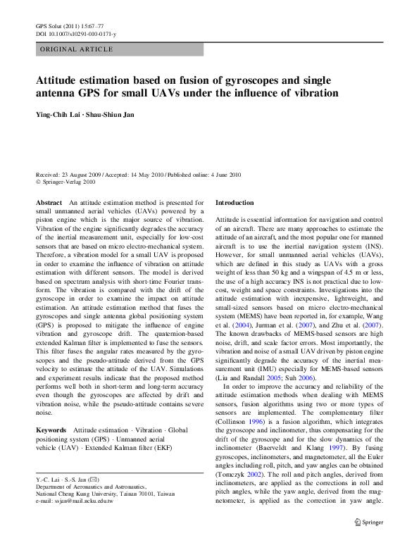 (PDF) Attitude estimation based on fusion of gyroscopes and single antenna GPS for small UAVs ...