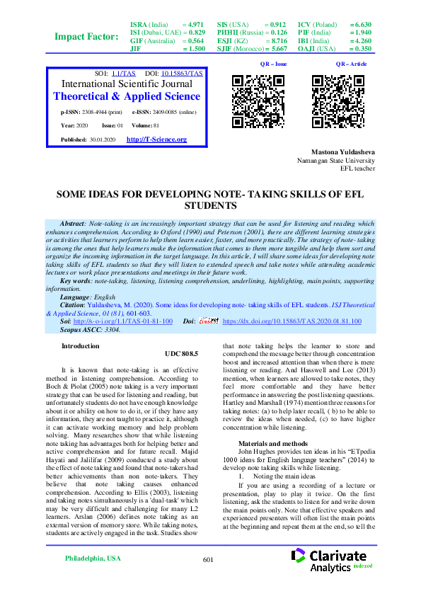 (PDF) Some Ideas for Developing Note- Taking Skills of Efl Students