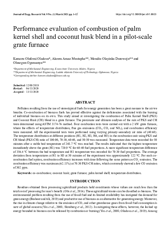 (PDF) Performance evaluation of combustion of palm kernel shell and coconut husk blend in a ...