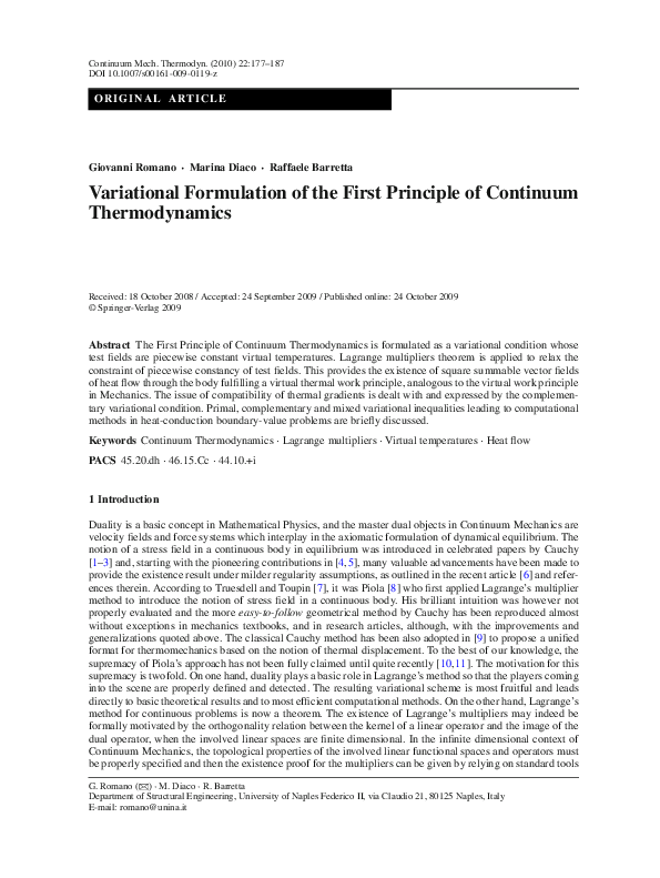 (PDF) Variational Formulation of the First Principle of Continuum Thermodynamics