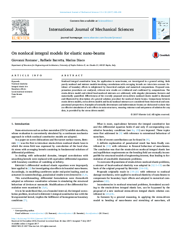 (PDF) On nonlocal integral models for elastic nano-beams