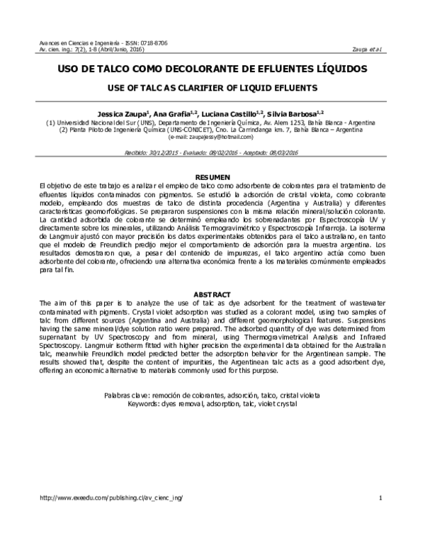 (PDF) Use of Talc as Clarifier of Liquid Efluents