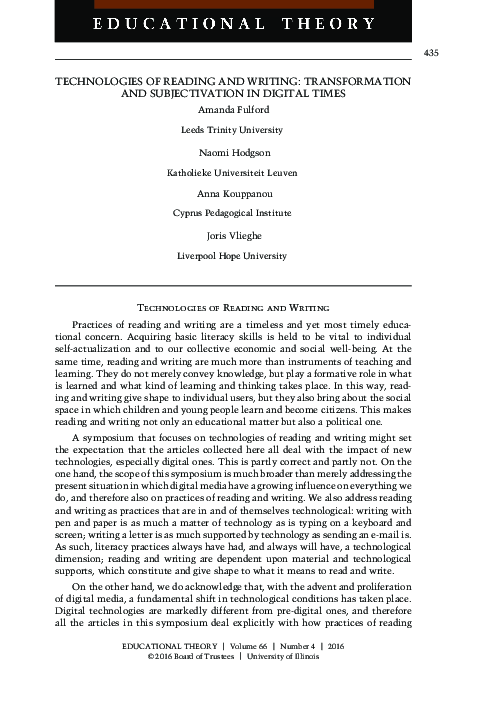 (PDF) Technologies of Reading and Writing: Transformation and Subjectivation in Digital Times