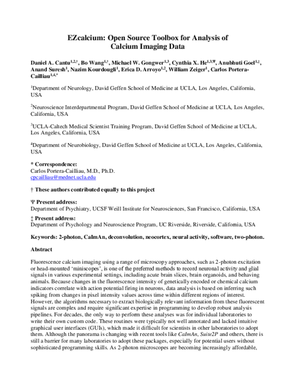 (PDF) EZcalcium: Open Source Toolbox for Analysis of Calcium Imaging Data