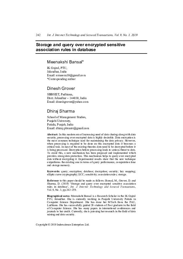 (PDF) Storage and query over encrypted sensitive association rules in database