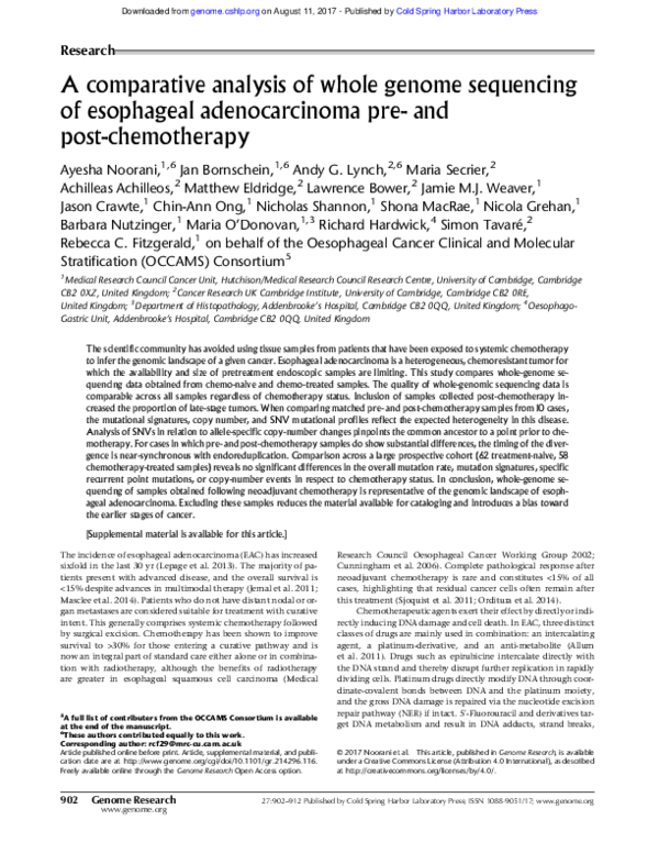(PDF) A comparative analysis of whole genome sequencing of oesophageal adenocarcinoma pre- and ...