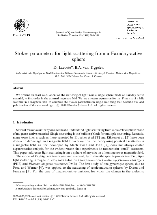 (PDF) Stokes parameters for light scattering from a Faraday-active sphere