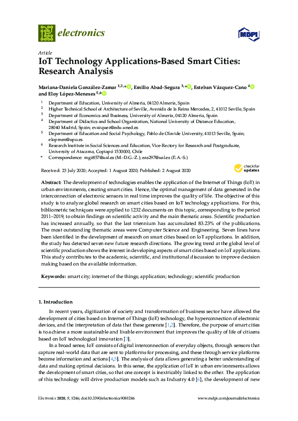 (PDF) IoT Technology Applications-Based Smart Cities: Research Analysis