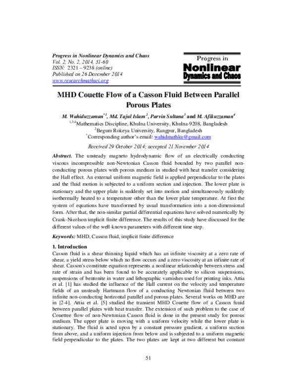 Pdf Progress In Mhd Couette Flow Of A Casson Fluid Between Parallel Porous Plates
