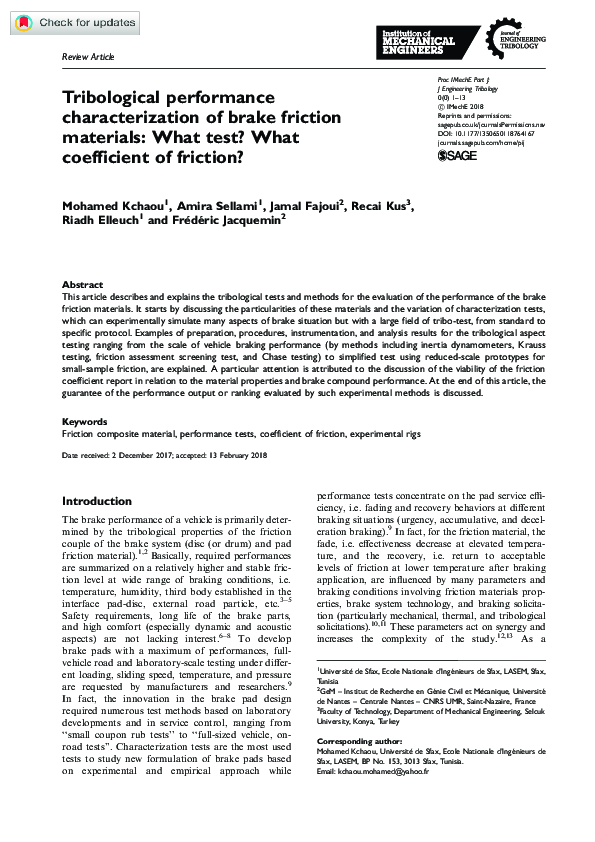 (PDF) Tribological performance characterization of brake friction ...