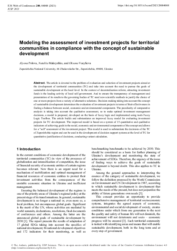 (PDF) Modeling the assessment of investment projects for territorial ...