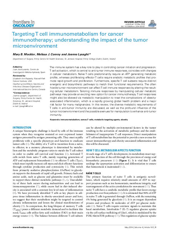 (PDF) Targeting T Cell Immunometabolism for Cancer Immunotherapy ...