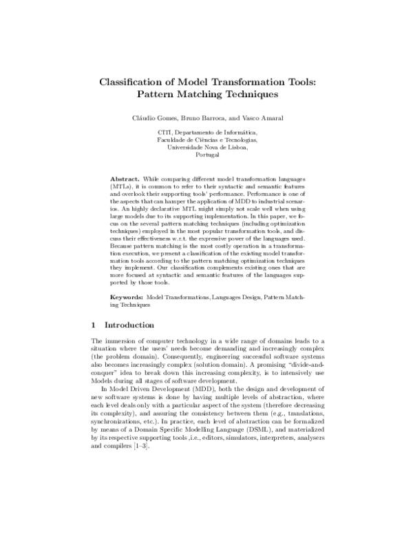 (PDF) Classification of Model Transformation Tools: Pattern Matching Techniques