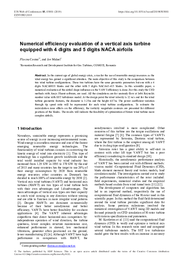 Pdf Numerical Efficiency Evaluation Of A Vertical Axis Turbine Equipped With 4 Digits And 5