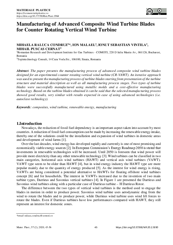(PDF) Manufacturing of Advanced Composite Wind Turbine Blades for Counter Rotating Vertical Wind ...