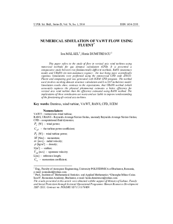 (PDF) Numerical Simulation of Vawt Flow Using Fluent | Ion Malael - Academia.edu