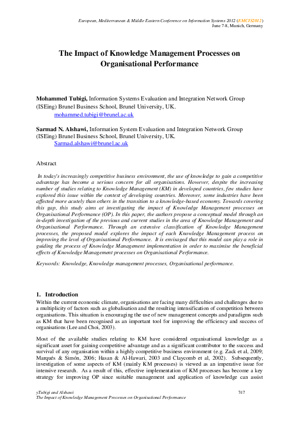 (PDF) The impact of knowledge management processes on organisational performance