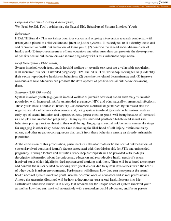 Pdf We Need Sex Ed Too Addressing The Sexual Risk Behaviors Of System Involved Youth