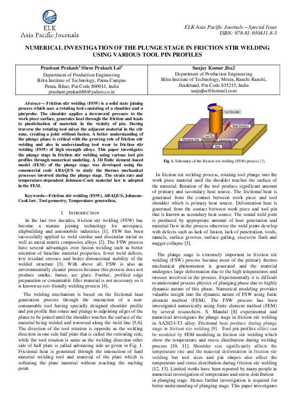 (PDF) Numerical Investigation of the Plunge Stage in Friction Stir ...