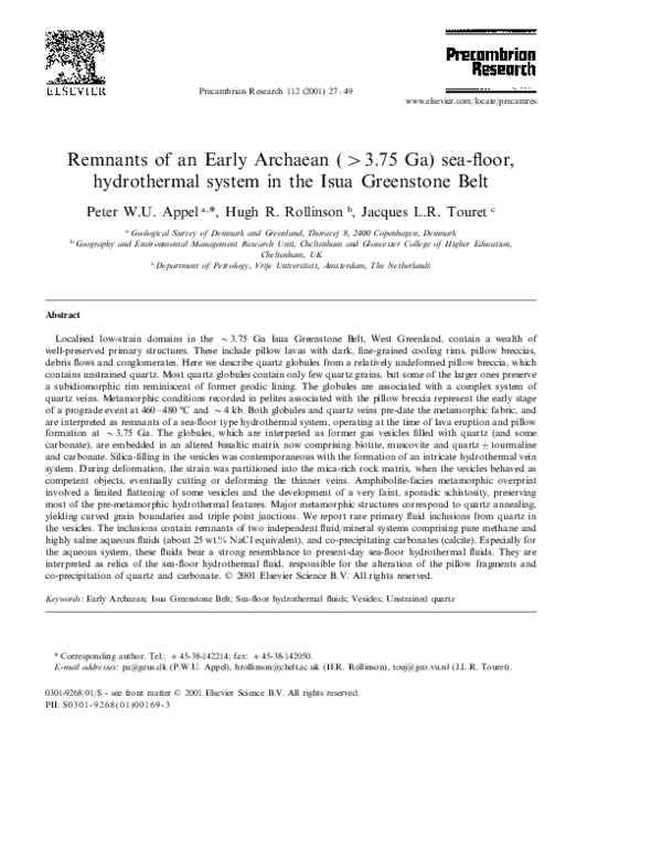 (PDF) Remnants of an Early Archaean (>3.75 Ga) sea-floor, hydrothermal ...