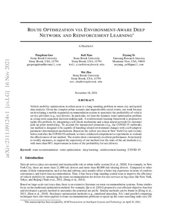 (PDF) Route Optimization via Environment-Aware Deep Network and Reinforcement Learning