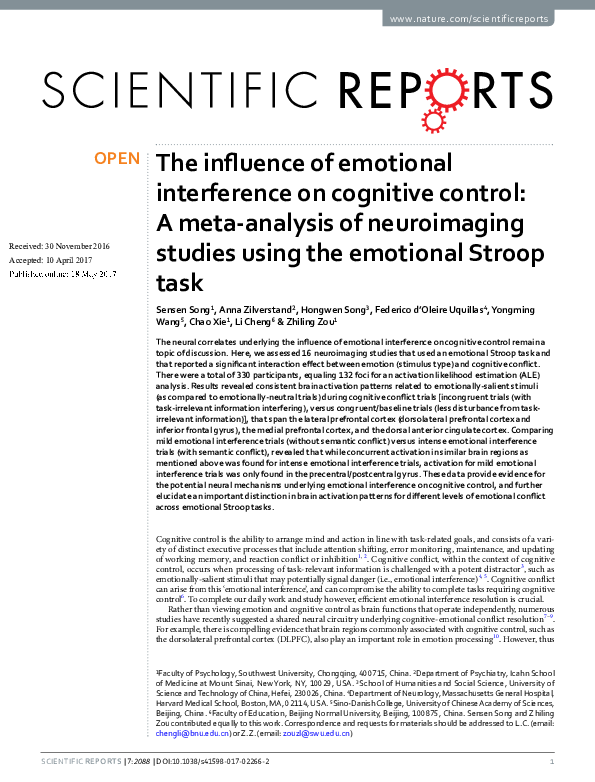 Pdf The Influence Of Emotional Interference On Cognitive Control A Meta Analysis Of