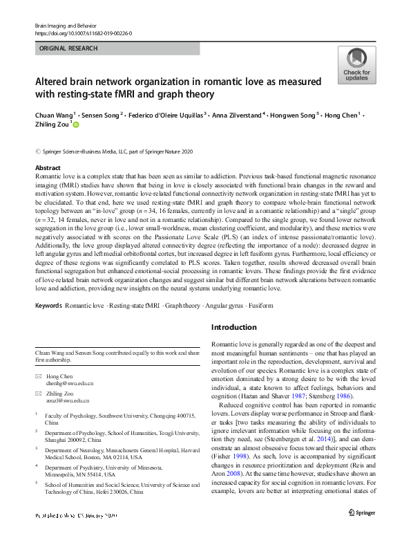 Pdf Altered Brain Network Organization In Romantic Love As Measured