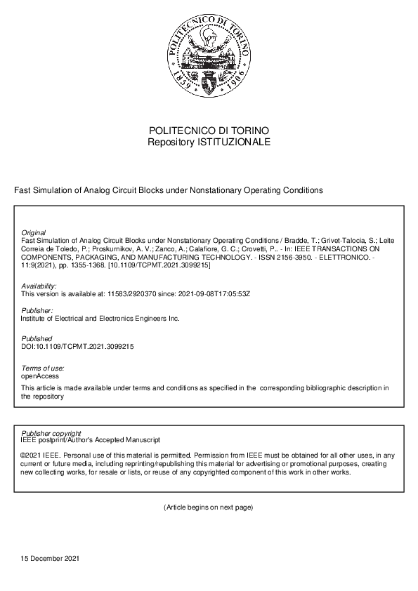 (PDF) Fast Simulation of Analog Circuit Blocks Under Nonstationary ...