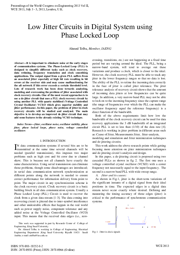 Pdf Low Jitter Circuits In Digital System Using Phase Locked Loop