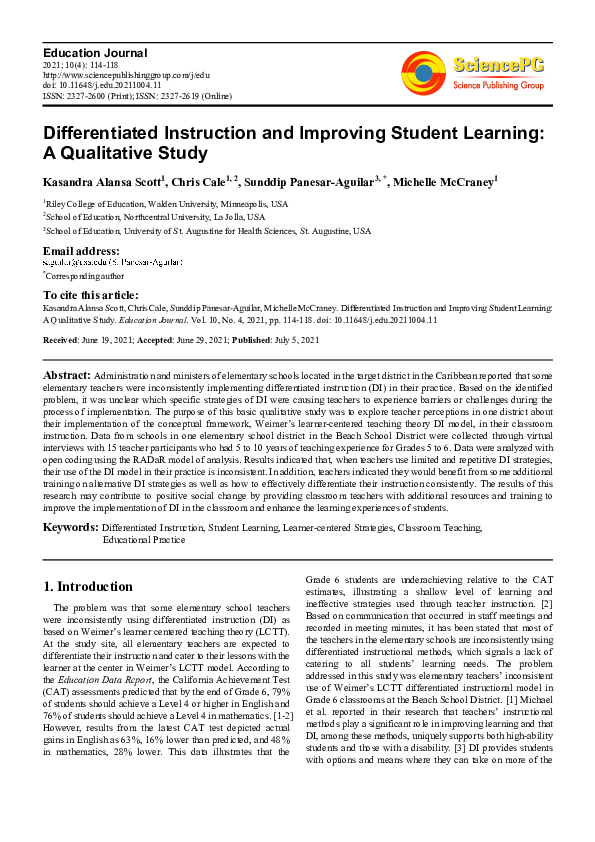 (PDF) Differentiated Instruction and Improving Student Learning: A Qualitative Study